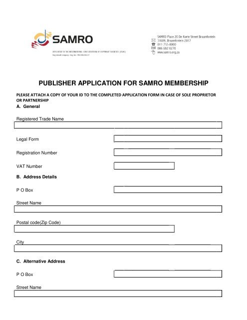 PUBLISHER APPLICATION FOR SAMRO MEMBERSHIP