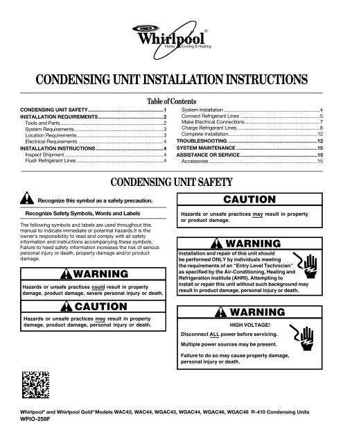 condensing unit installation instructions - Furnaces - Air Conditioners
