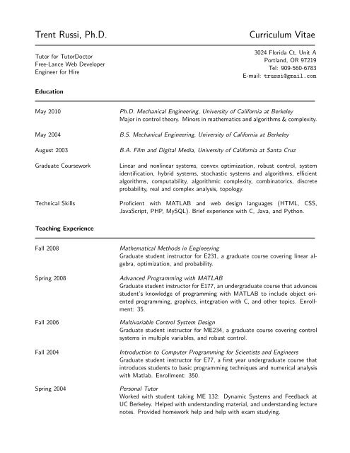 Trent Russi, Ph.D. Curriculum Vitae - University of California, Berkeley