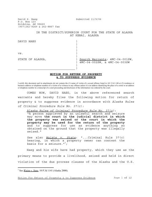 Motion for Return of Property & to Suppress Evidence.