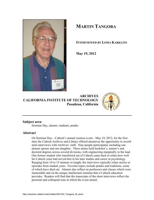 Interview with Martin Tangora - Caltech Oral Histories