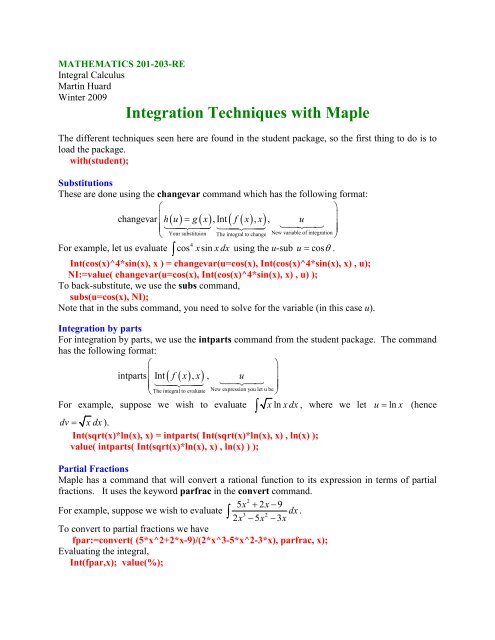 Integration Techniques with Maple - SLC Home Page