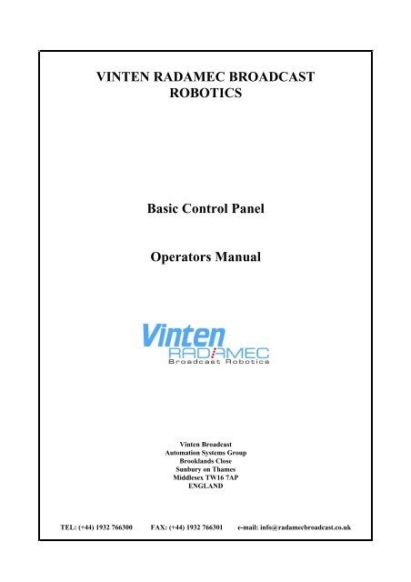 VINTEN RADAMEC BROADCAST ROBOTICS Basic Control Panel ...