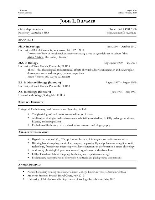 Rummer CV Feb2013 - ARC Centre of Excellence for Coral Reef ...