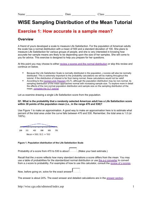 WISE Sampling Distribution of the Mean Tutorial Exercise 1