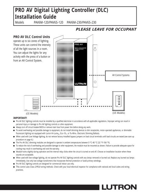 PRO AV Digital Lighting Controller (DLC) Installation Guide - Lutron