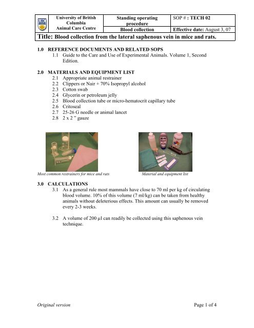 Title: Blood collection from the lateral saphenous vein in mice and rats.