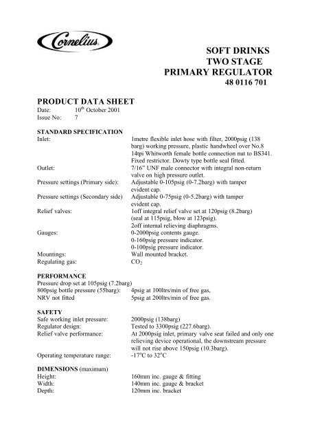 SOFT DRINKS TWO STAGE PRIMARY REGULATOR ... - IMI Cornelius