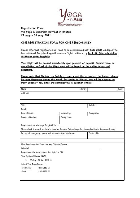 31 May 2011 ONE REGISTRATION FORM FOR ONE ... - Yoga in Asia