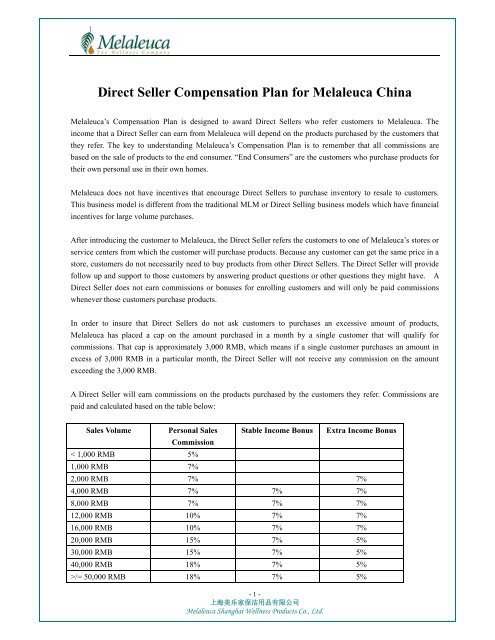 Direct Seller Compensation Plan for Melaleuca China
