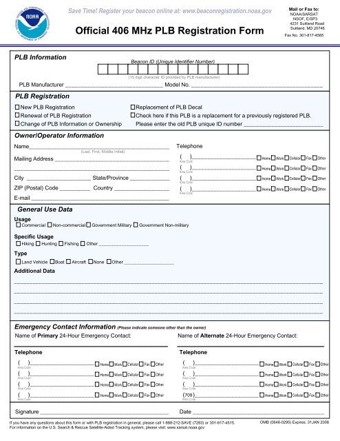 Official 406 MHz PLB Registration Form - Ameri-King.com