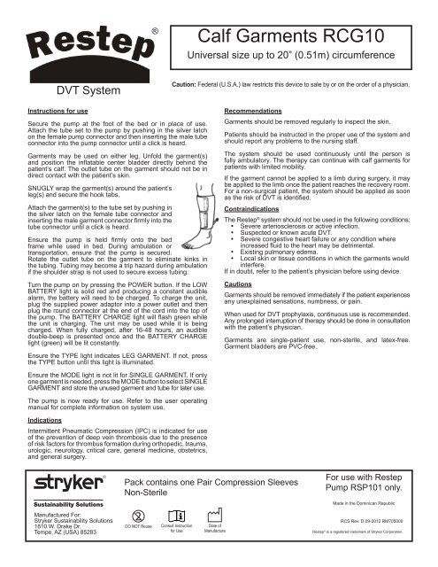 Calf Garments RCG10 - Stryker Restep DVT System