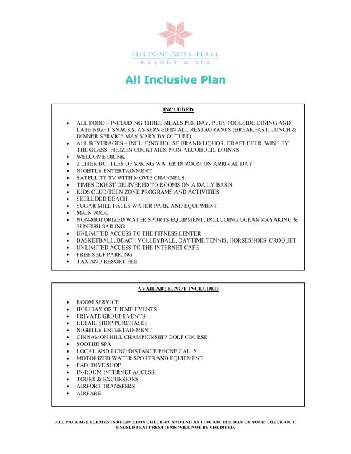 All Inclusive Plan - Hilton Rose Hall Resort & Spa