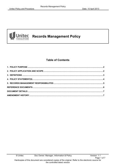 Records Management Policy - Unitec Policies and Procedures