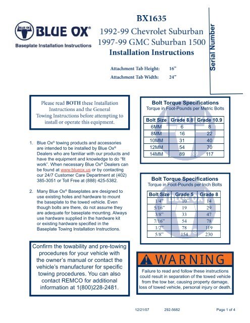 Installation Instructions - Blue Ox