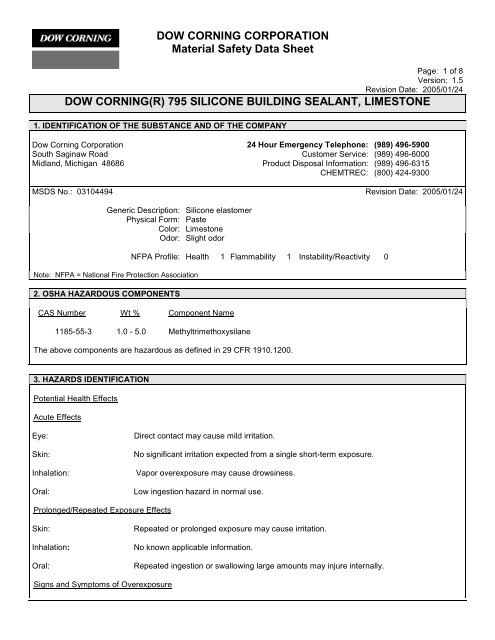 DOW CORNING CORPORATION Material Safety Data Sheet DOW ...