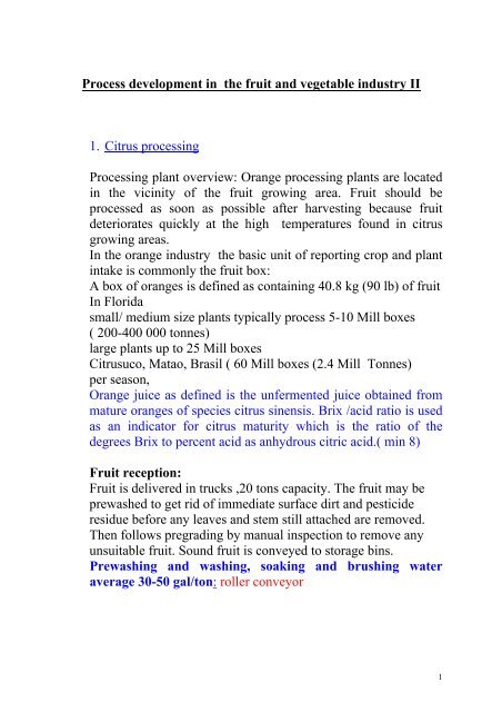 Process development in the fruit and vegetable industry II 1. Citrus ...