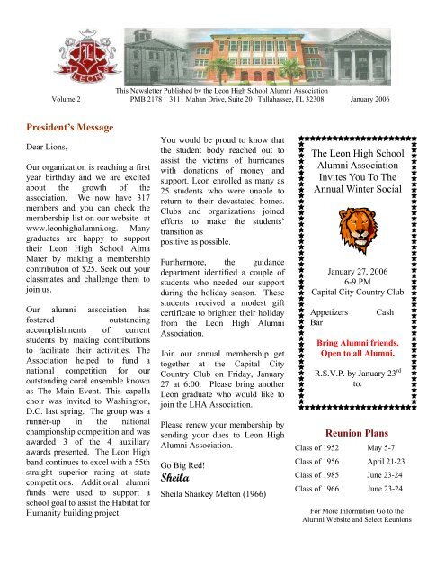 Alumni Newsletter Jan. 2006.pdf - Leon High School Alumni ...