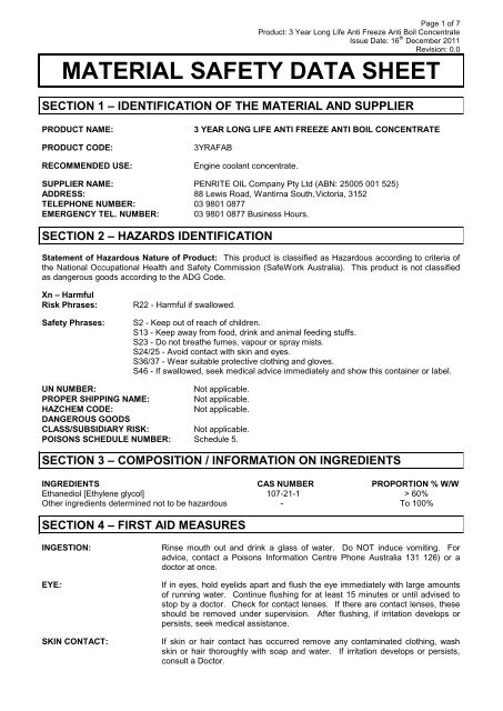Material Safety Data Sheet - Penrite Oil