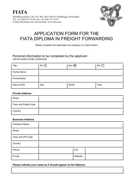 APPLICATION FORM FOR THE FIATA DIPLOMA IN ... - CIFFA.com