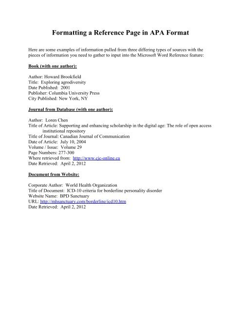 Formatting A Reference Page In APA Format BMC Findlay Library 