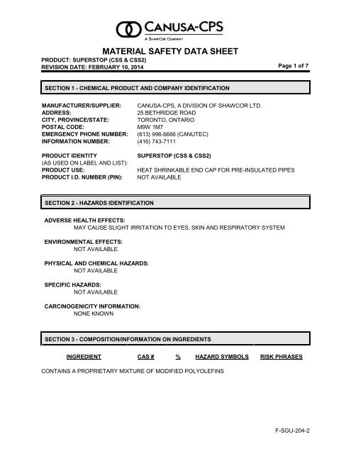 MATERIAL SAFETY DATA SHEET - Canusa-CPS
