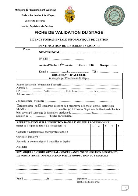 FICHE DE VALIDATION DU STAGE - Institut SupÃ©rieur de Gestion ...