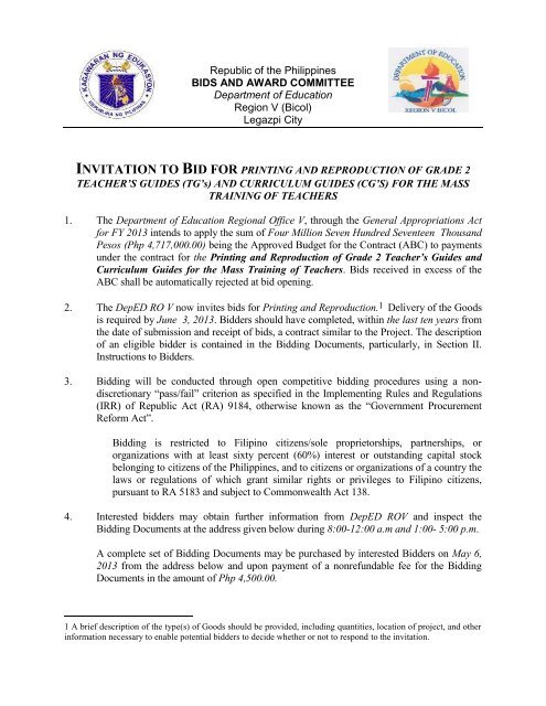 Invitation to Bid for Printing and Reproduction of ... - DepEd RO-5