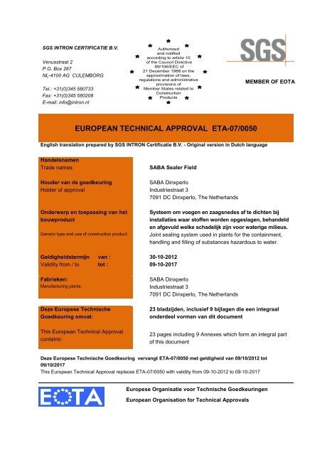 EUROPEAN TECHNICAL APPROVAL ETA-07/0050 - Saba