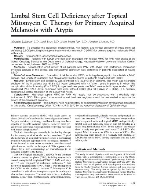 Limbal Stem Cell Deficiency after Topical Mitomycin C Therapy for ...
