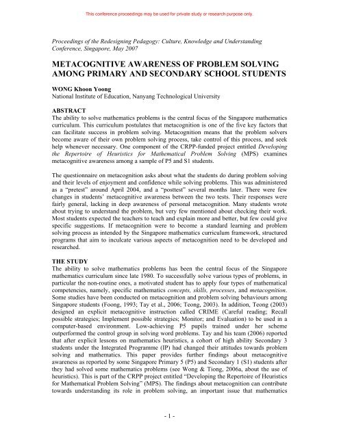 metacognitive awareness of problem solving among primary and ...