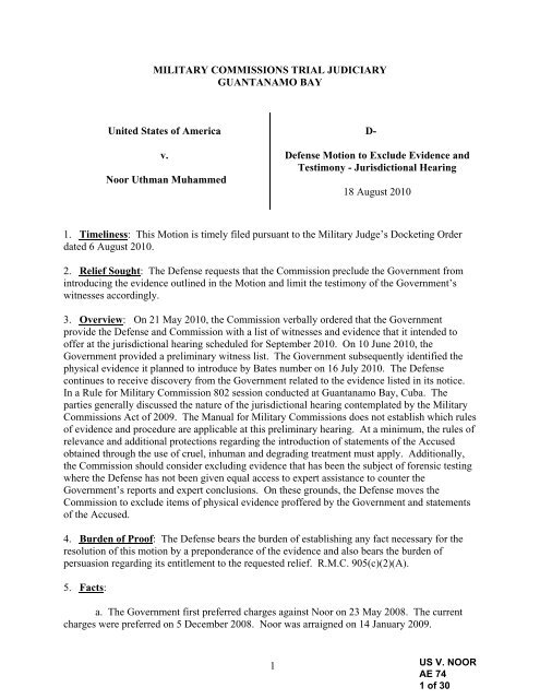 Defense Motion to Exclude Evidence and Testimony