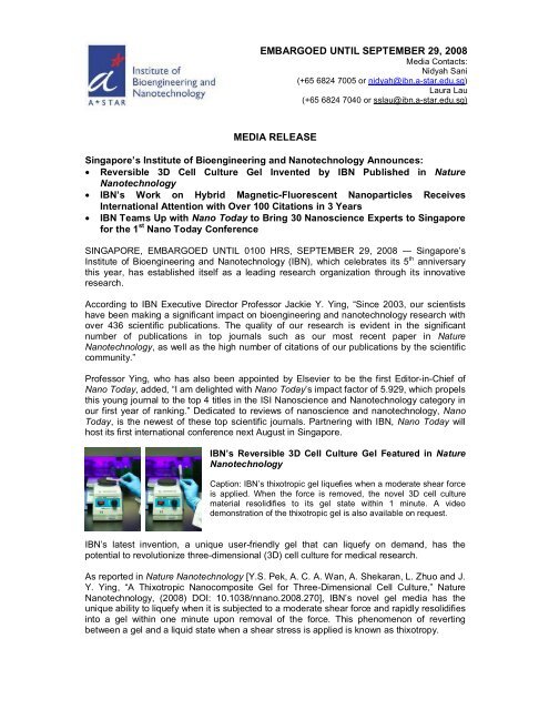 Reversible 3D Cell Culture Gel Invented by IBN Published