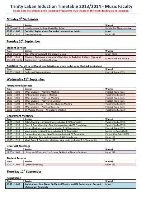 Trinity Laban Induction Timetable 2013/2014 - Music Faculty