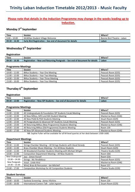 Trinity Laban Induction Timetable 2012/2013 - Music Faculty