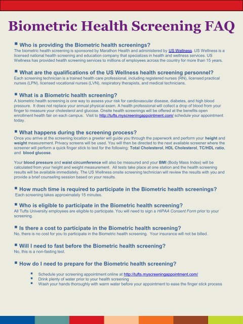 Biometric Health Screening FAQ - Tufts University