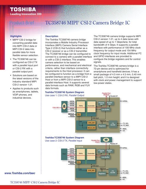Product Brief TC358746 MIPI® CSI-2 Camera Bridge IC - Toshiba