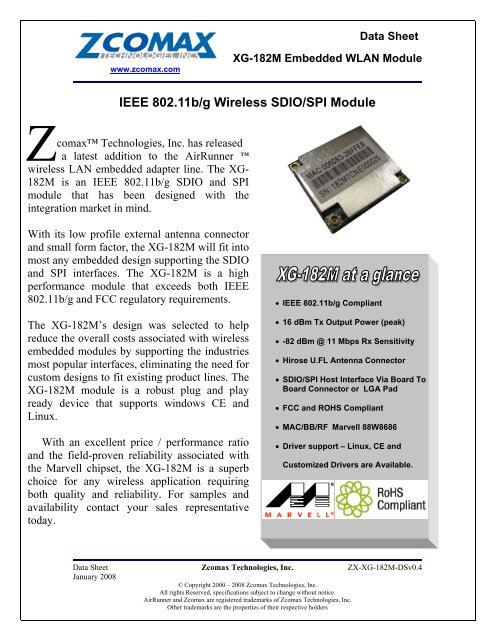 IEEE 802.11b/g Wireless SDIO/SPI Module