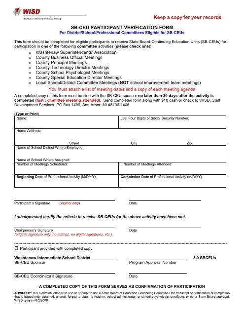 SB-CEU PARTICIPANT VERIFICATION FORM Keep a copy for your ...