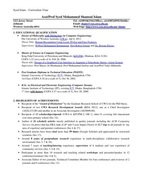 Asst/Prof Syed Mohammed Shamsul Islam - Computer Science and ...
