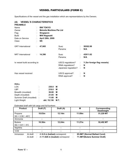 VESSEL PARTICULARS (FORM C) - Petredec
