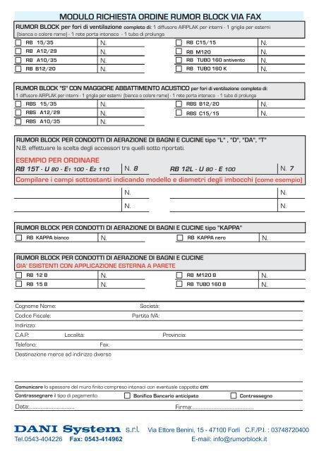 MODULO RICHIESTA ORDINE RUMOR BLOCK VIA FAX DANI ...