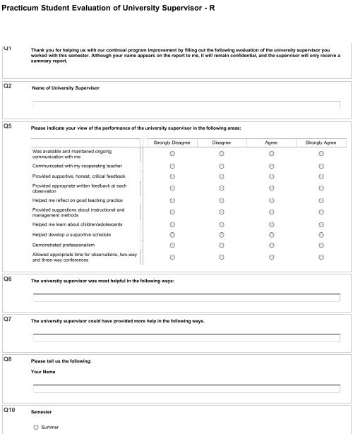 Practicum Student Evaluation of University Supervisor - Sites