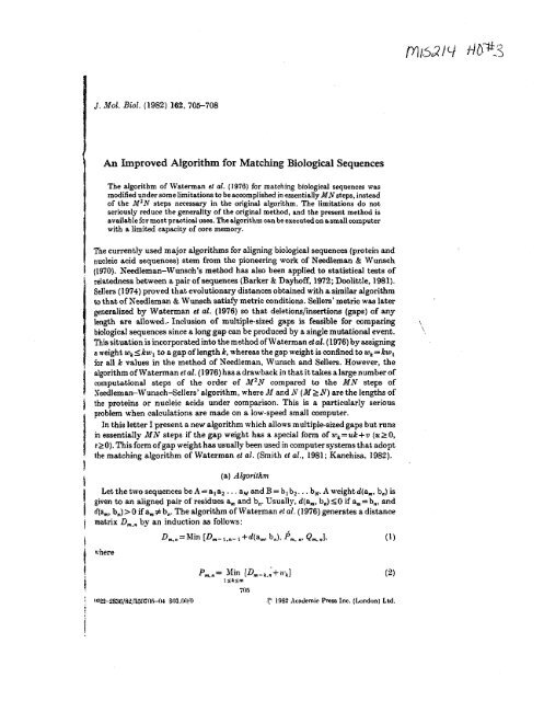 Gotoh, O. An Improved Algorithm for Matching Biological Sequences ...