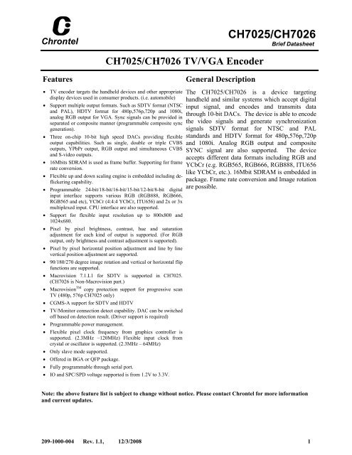 CH7026 Brief Datasheet - Chrontel