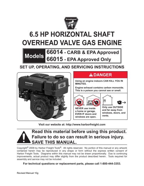 6.5 HP Horizontal sHaft overHead valve gas ... - Harbor Freight Tools