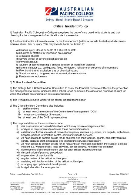 Critical Incident Policy and plan v1.3x - Australian Pacific College