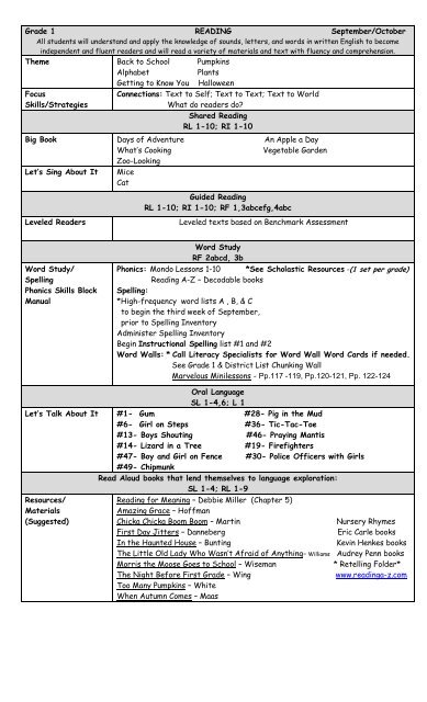 Grade 1 READING September/October Theme Back to School ...