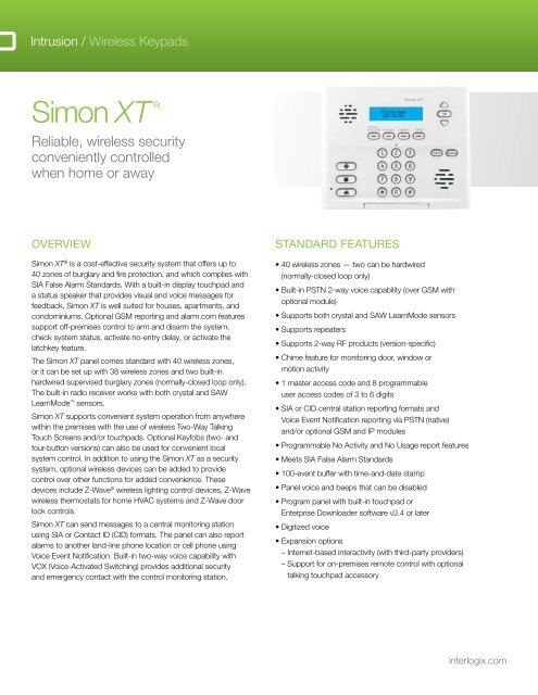 Simon XT Data Sheet - Interlogix