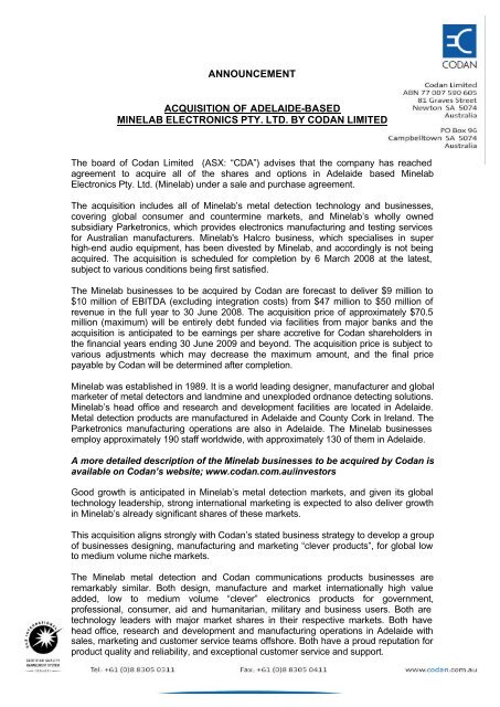 announcement acquisition of adelaide-based minelab ... - Codan, Ltd.
